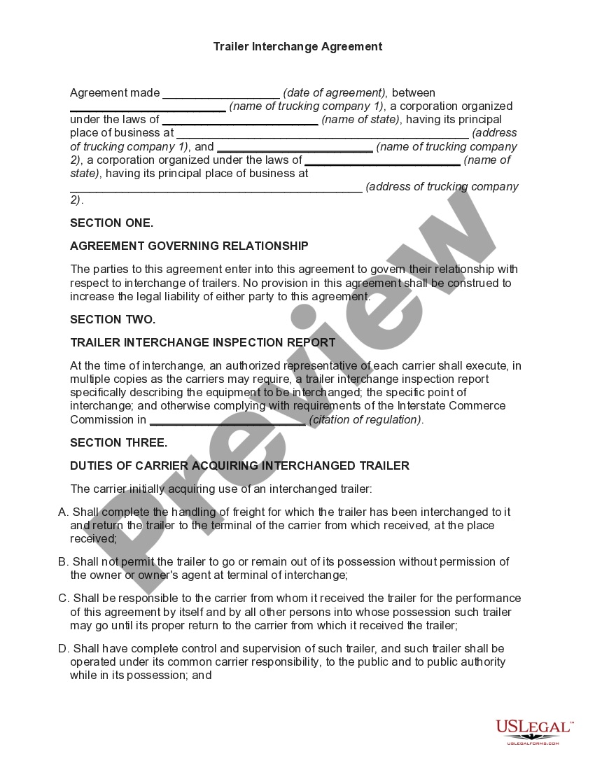 Trailer Interchange Agreement US Legal Forms