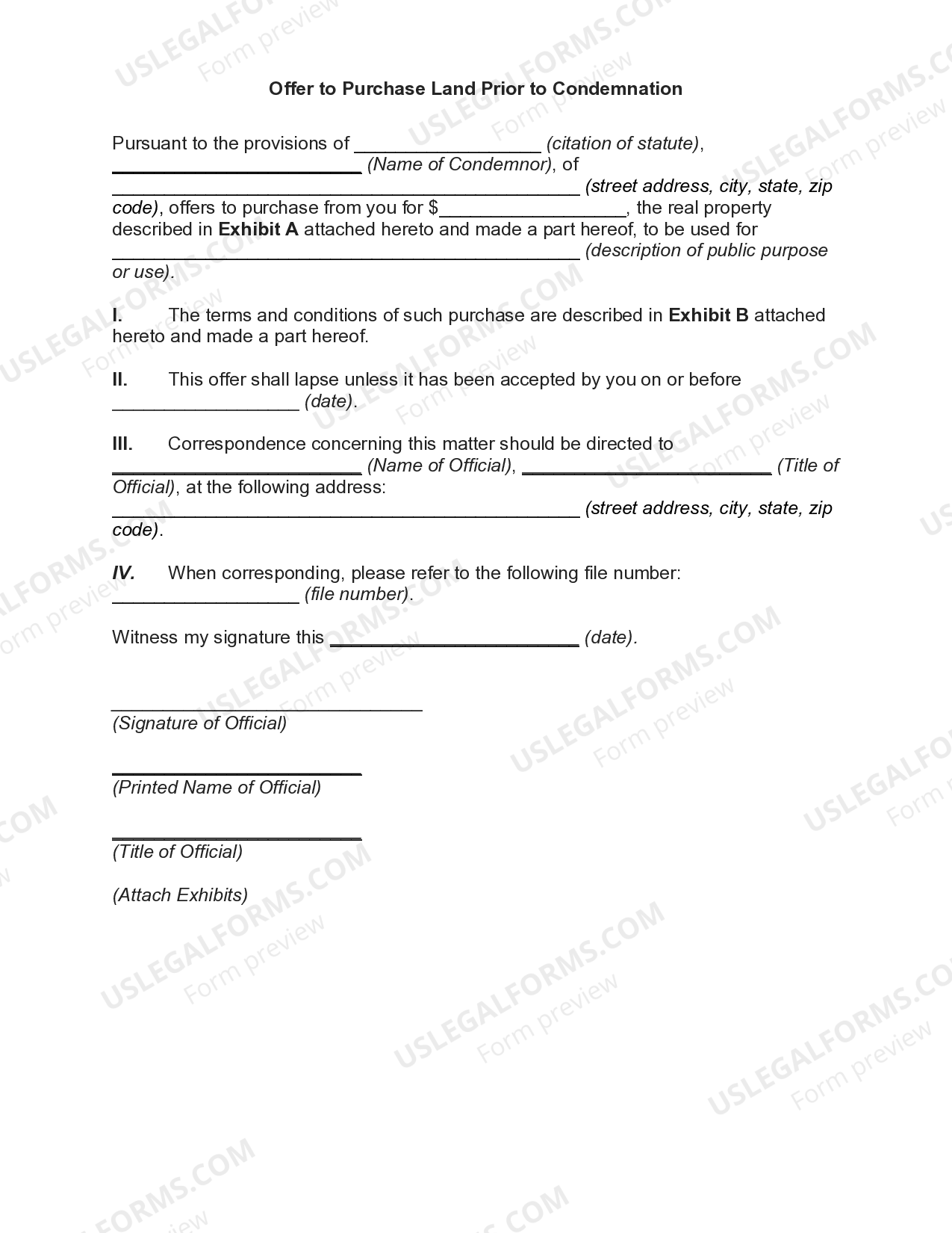 Offer to Purchase Land Prior to Condemnation | US Legal Forms