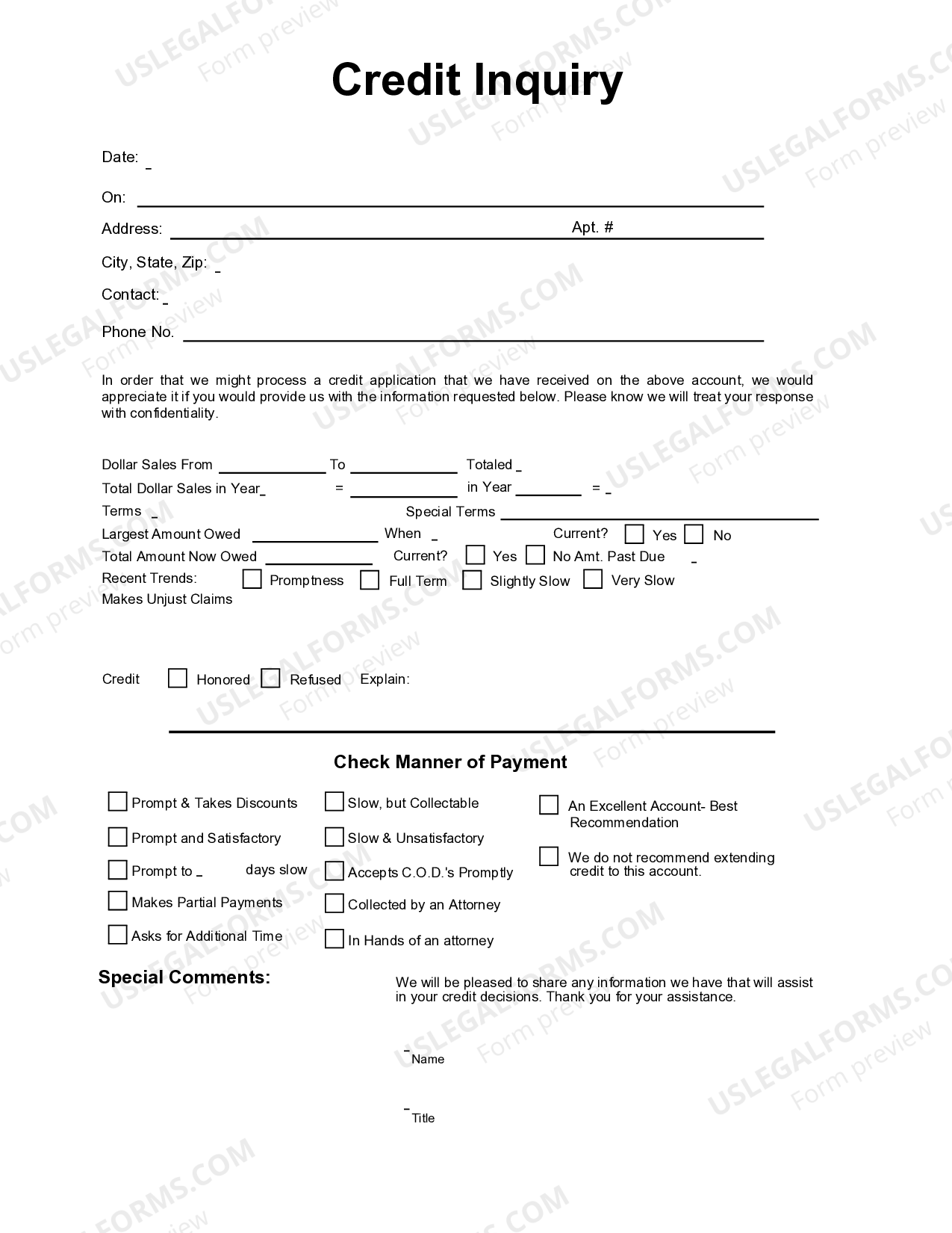 Alabama Credit Inquiry - Payment Form | US Legal Forms