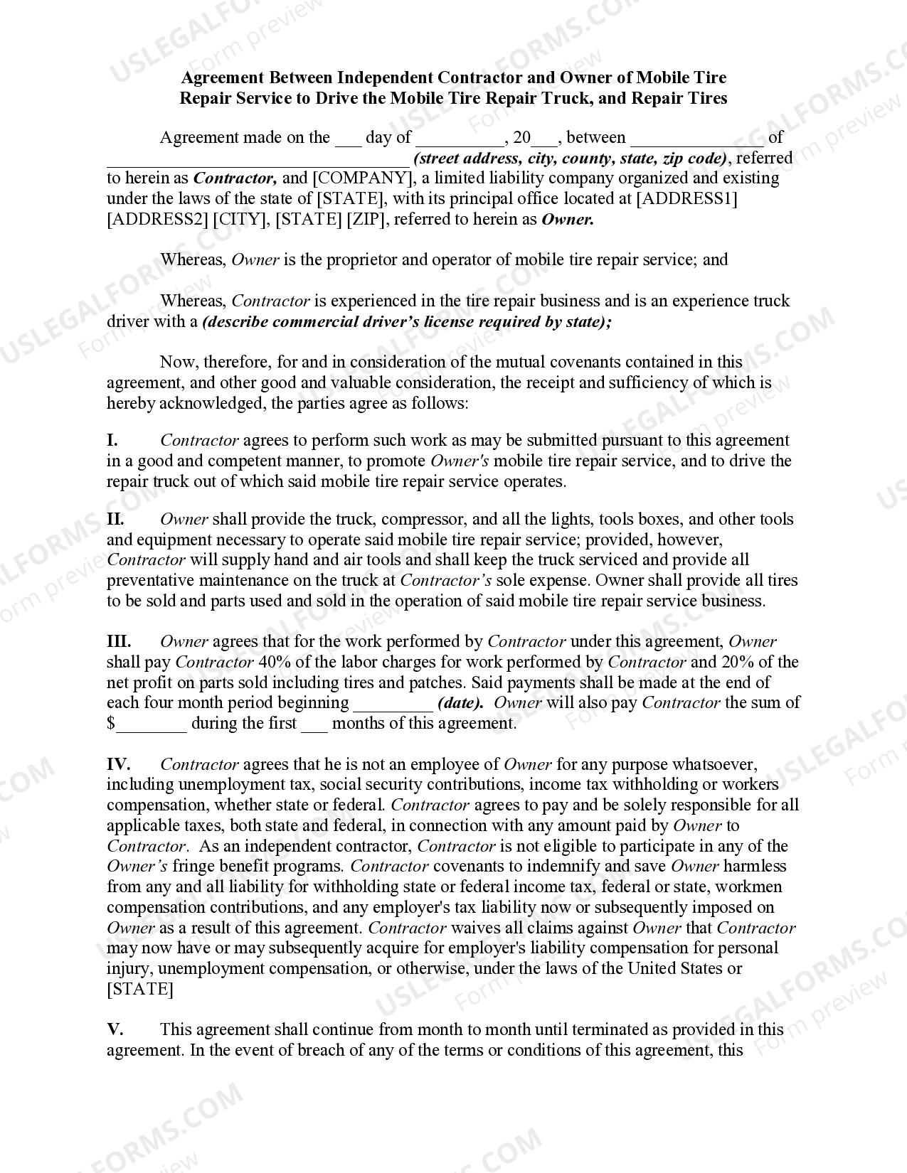 Agreement Between Independent Contractor and Owner of Mobile Tire ...