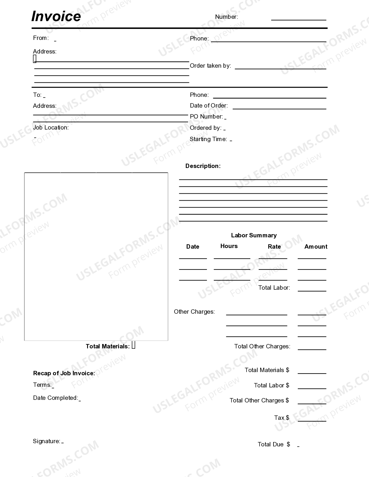Job Invoice - Short - Charges Rate Price | US Legal Forms