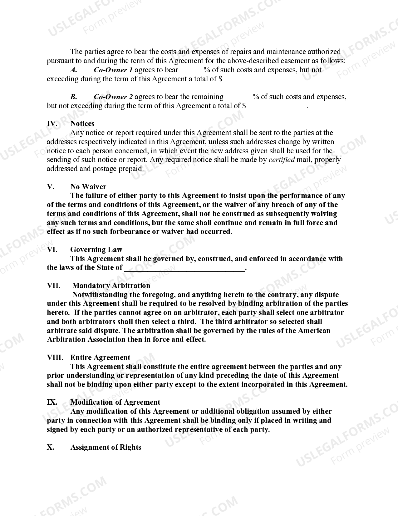 Agreement Between Co Owners for Maintenance and Repair of Common ...