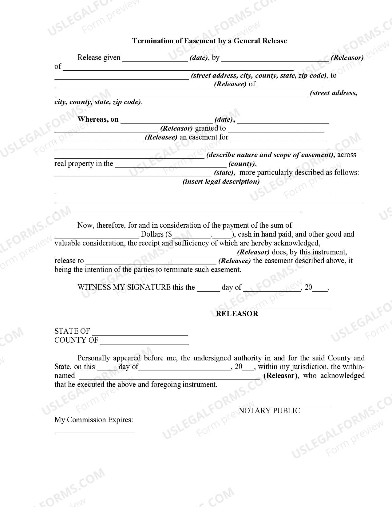 Termination of Easement by a General Release | US Legal Forms