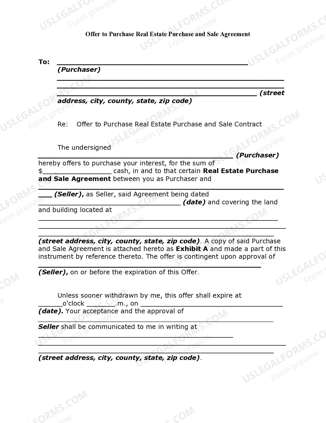 Offer to Purchase Real Estate Purchase and Sale Agreement | US Legal Forms