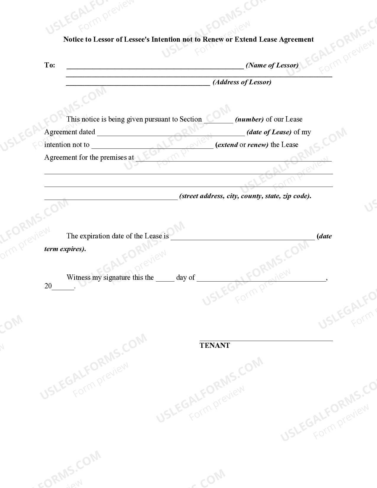 Notice to Lessor of Lessee's Intention not to Renew or Extend Lease ...