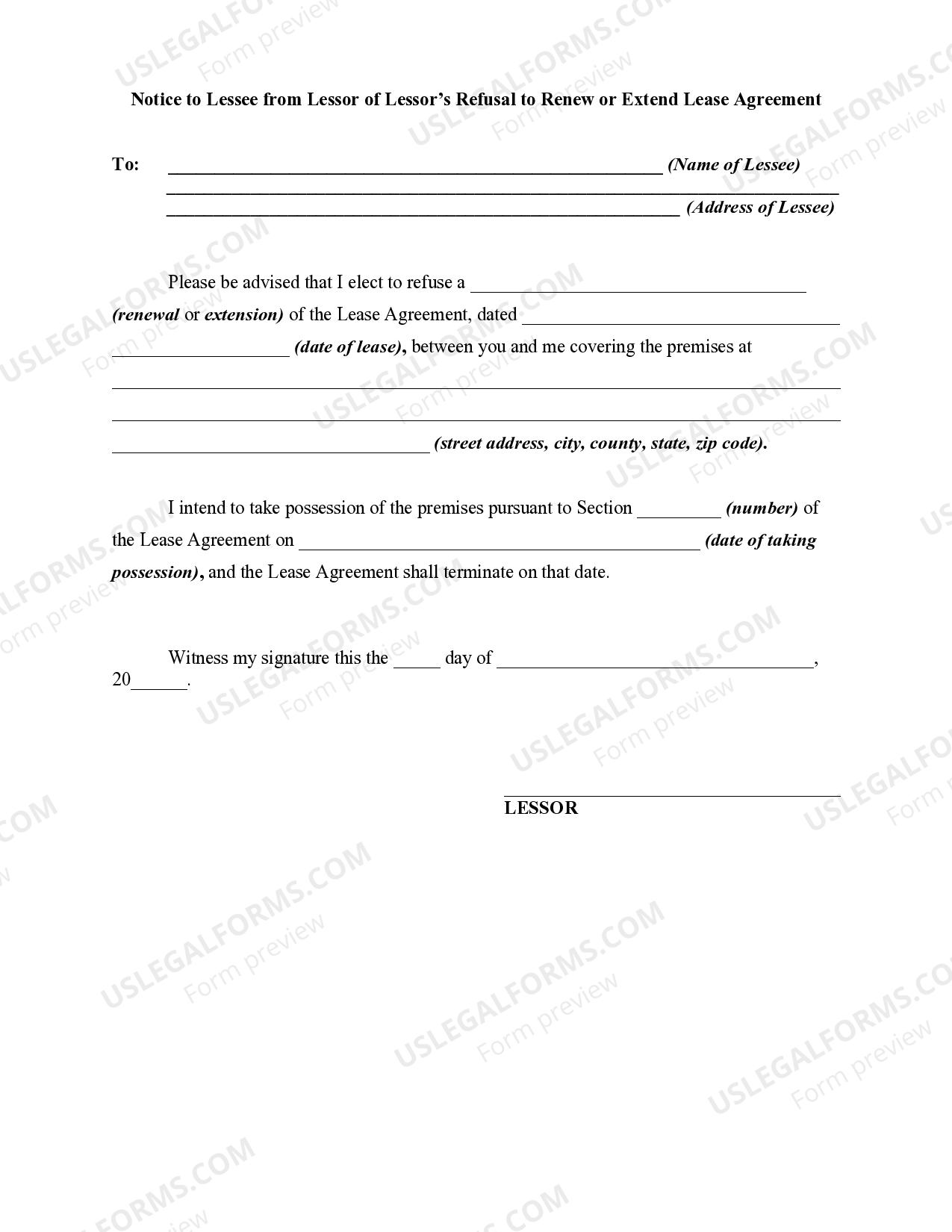 Notice to Lessee from Lessor of Lessor's Refusal to Renew or Extend ...