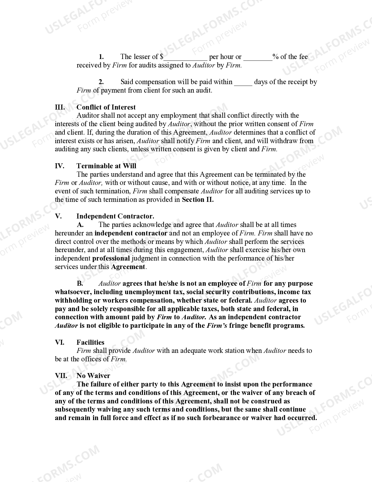 Agreement by Accounting Firm to Employ Auditor | US Legal Forms