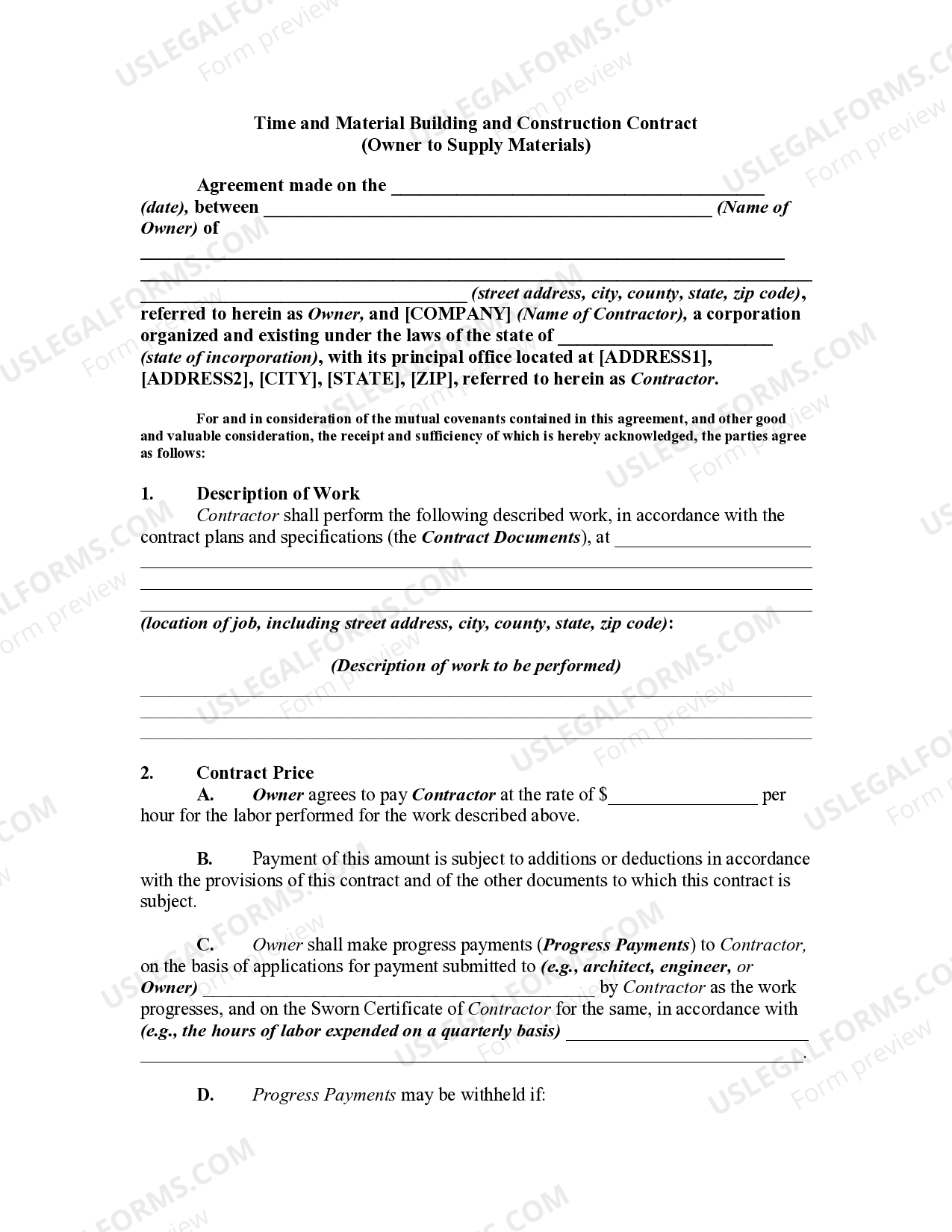 Time and Material Building and Construction Contract (Owner to Supply ...