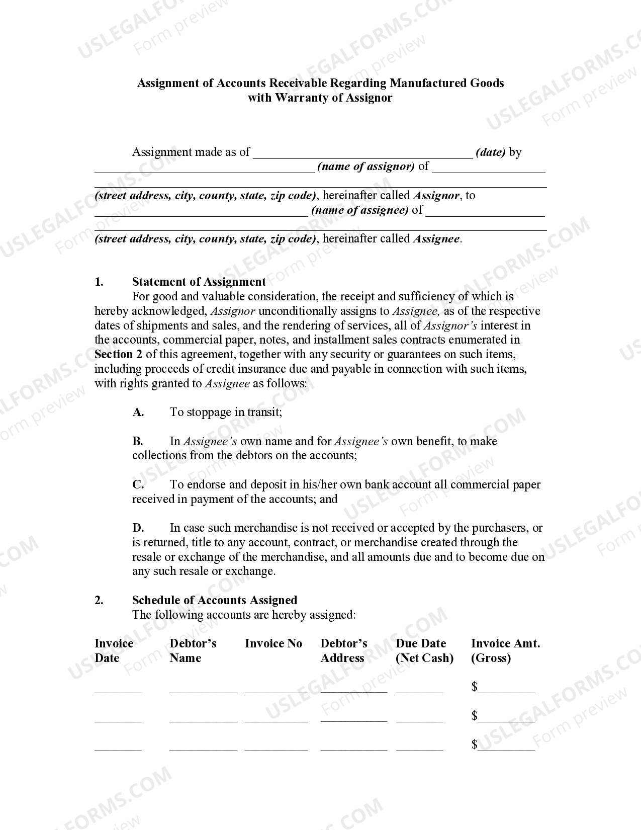 Assignment of Accounts Receivable Regarding Manufactured Goods | US ...