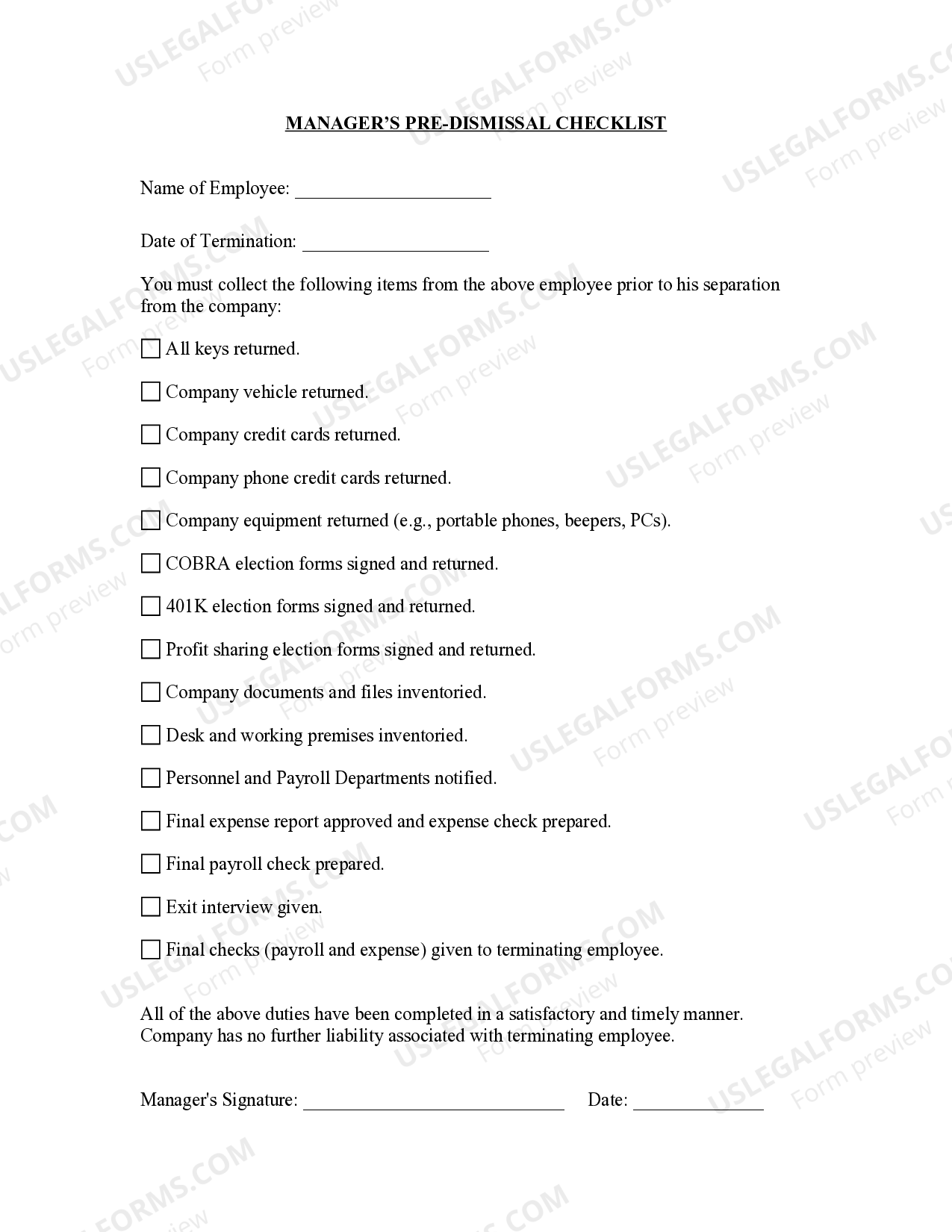 Manager's Pre-Dismissal Checklist | US Legal Forms
