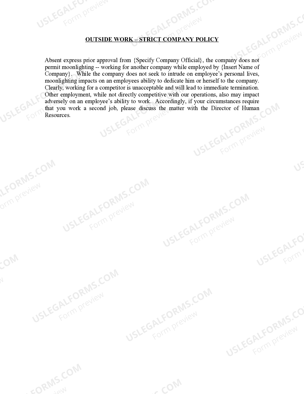Outside Work - Strict Policy - Outside Employment Policy | US Legal Forms