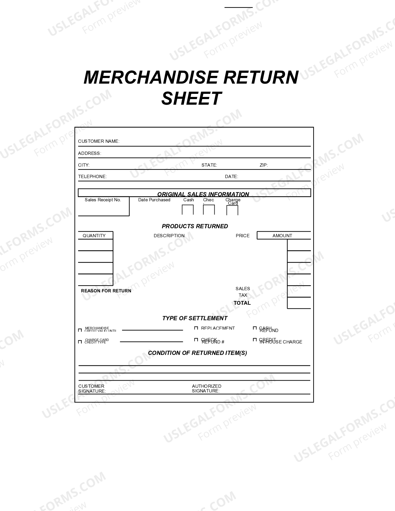 Tennessee Merchandise Return Sheet - Information Form | US Legal Forms