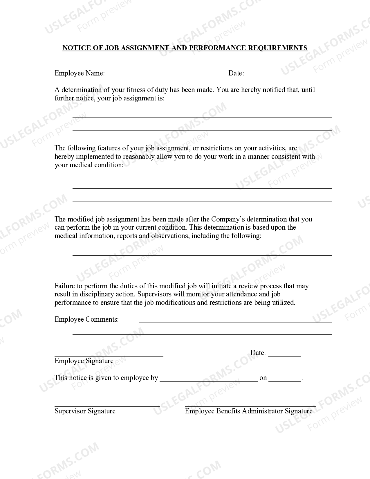 Maryland Notice of Job Assignment and Performance Requirements | US ...