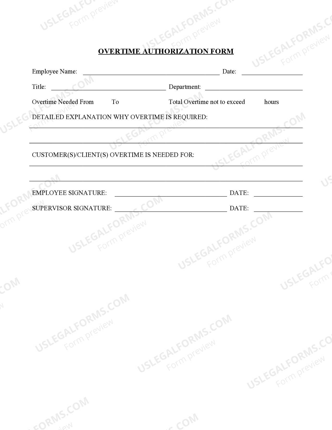 Overtime Authorization Form - Overtime Form | US Legal Forms