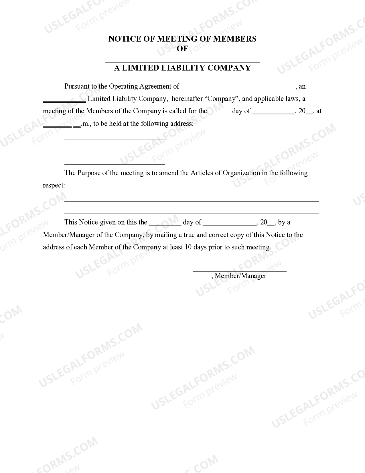 Louisiana Notice of Meeting of LLC Members To Amend the Articles of ...