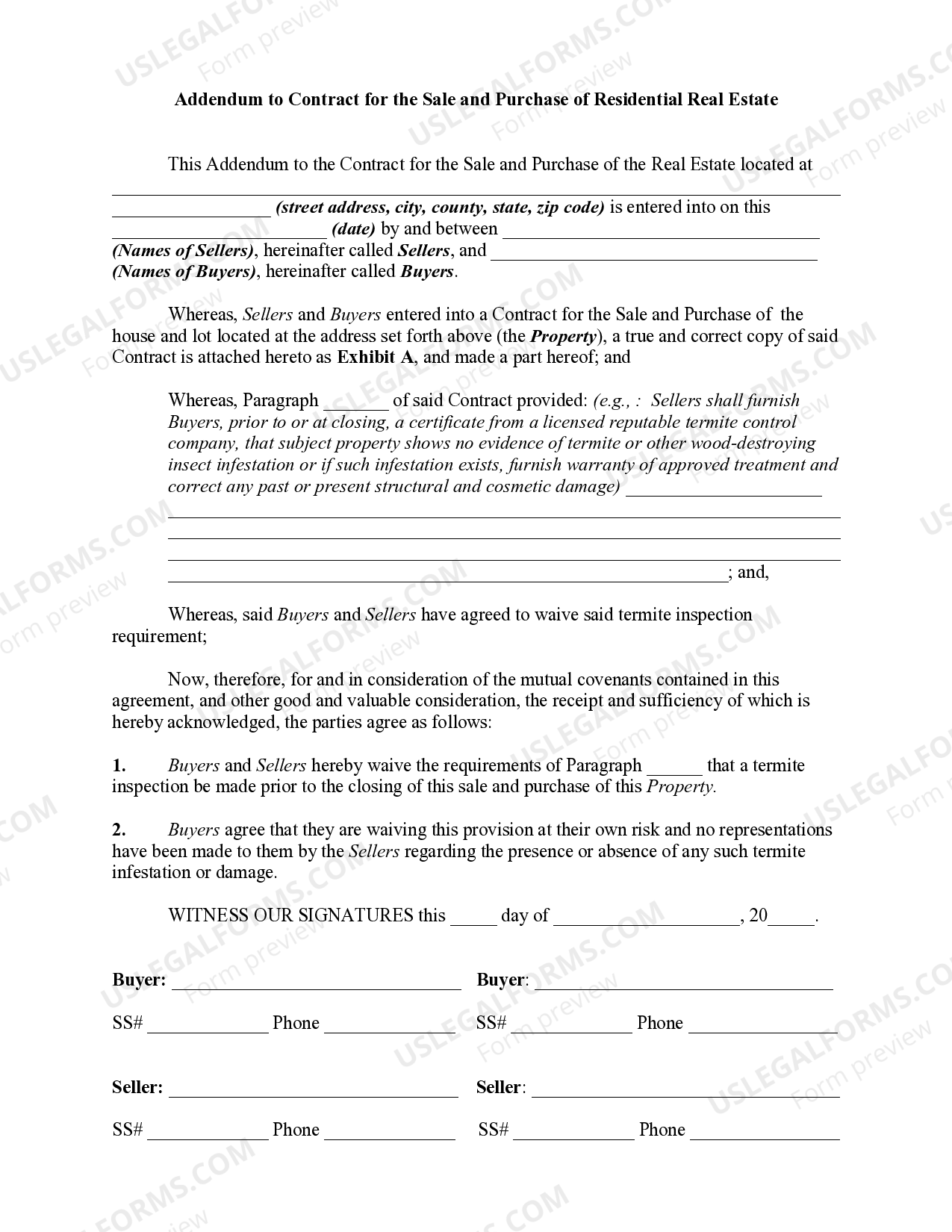 Addendum to Contract for the Sale and Purchase of Residential Real ...