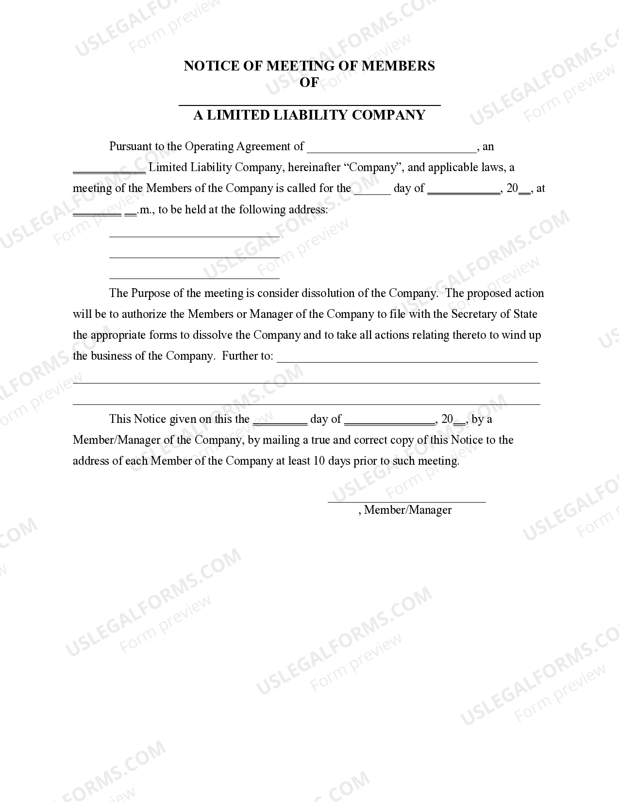 North Carolina Notice of Meeting of LLC Members To Consider Dissolution ...