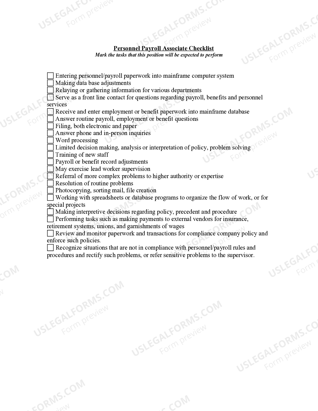 Florida Personnel Payroll Associate Checklist | US Legal Forms
