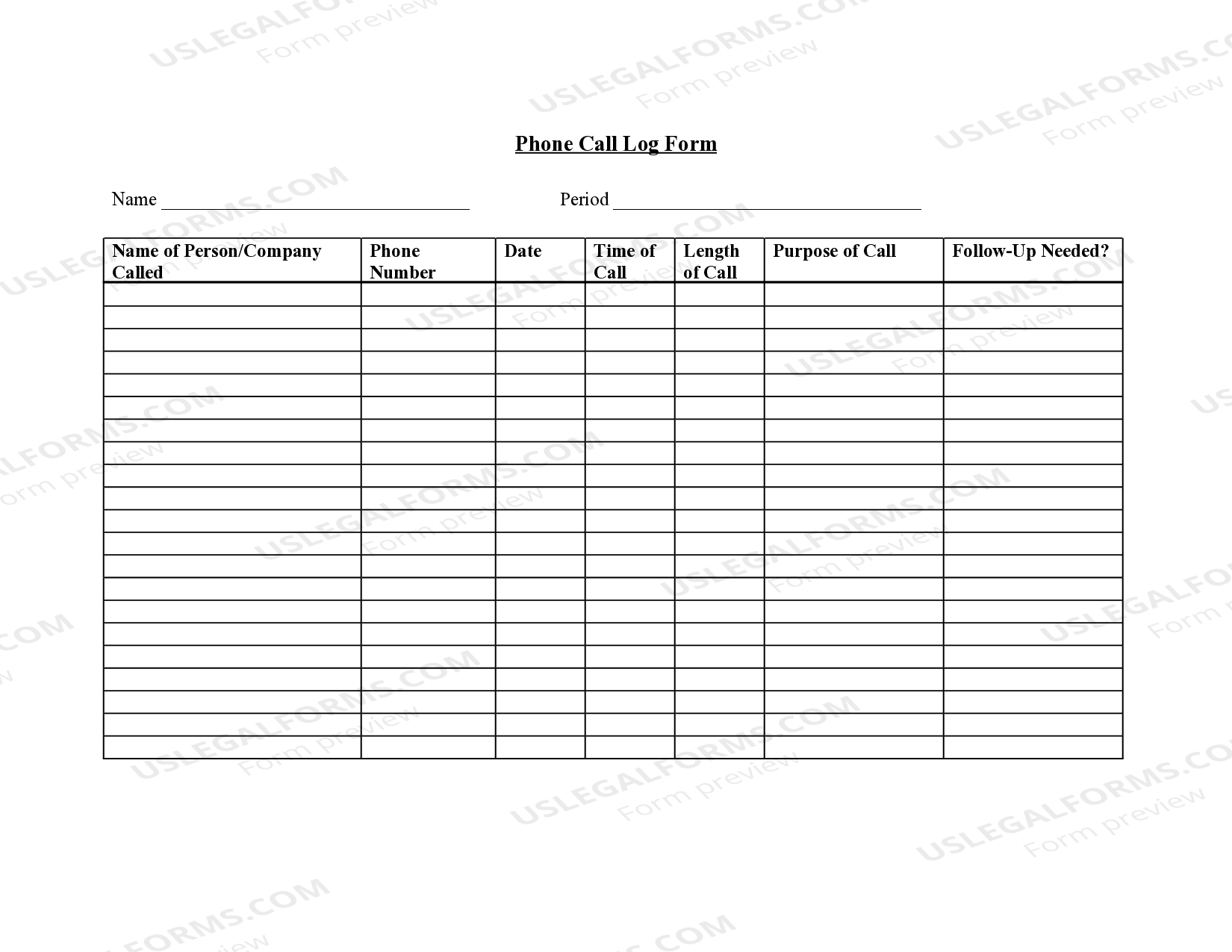 Hawaii Telephone Call Log Form - Telephone Log | US Legal Forms