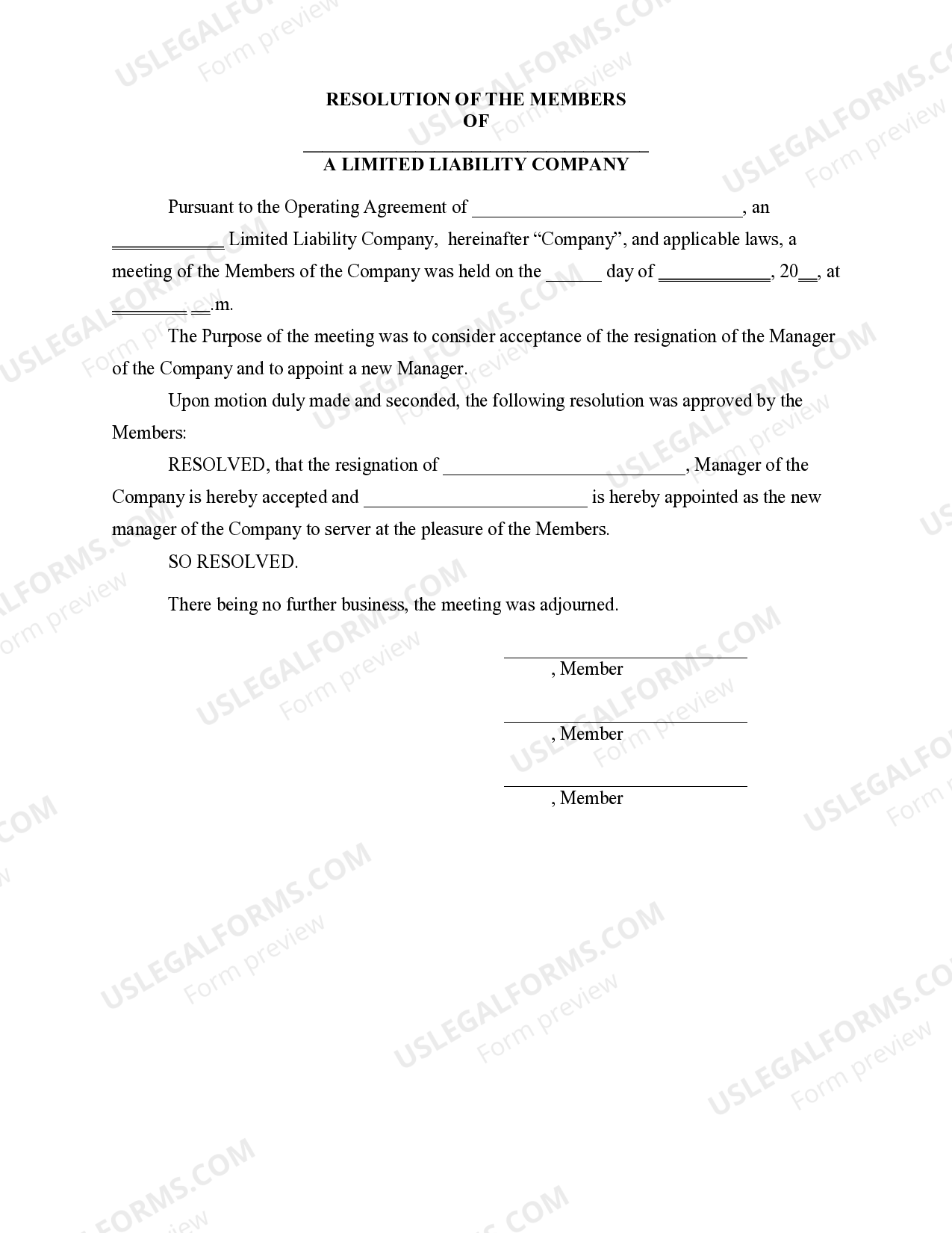 Resolution of Meeting of LLC Members to Accept Resignation of Manager ...