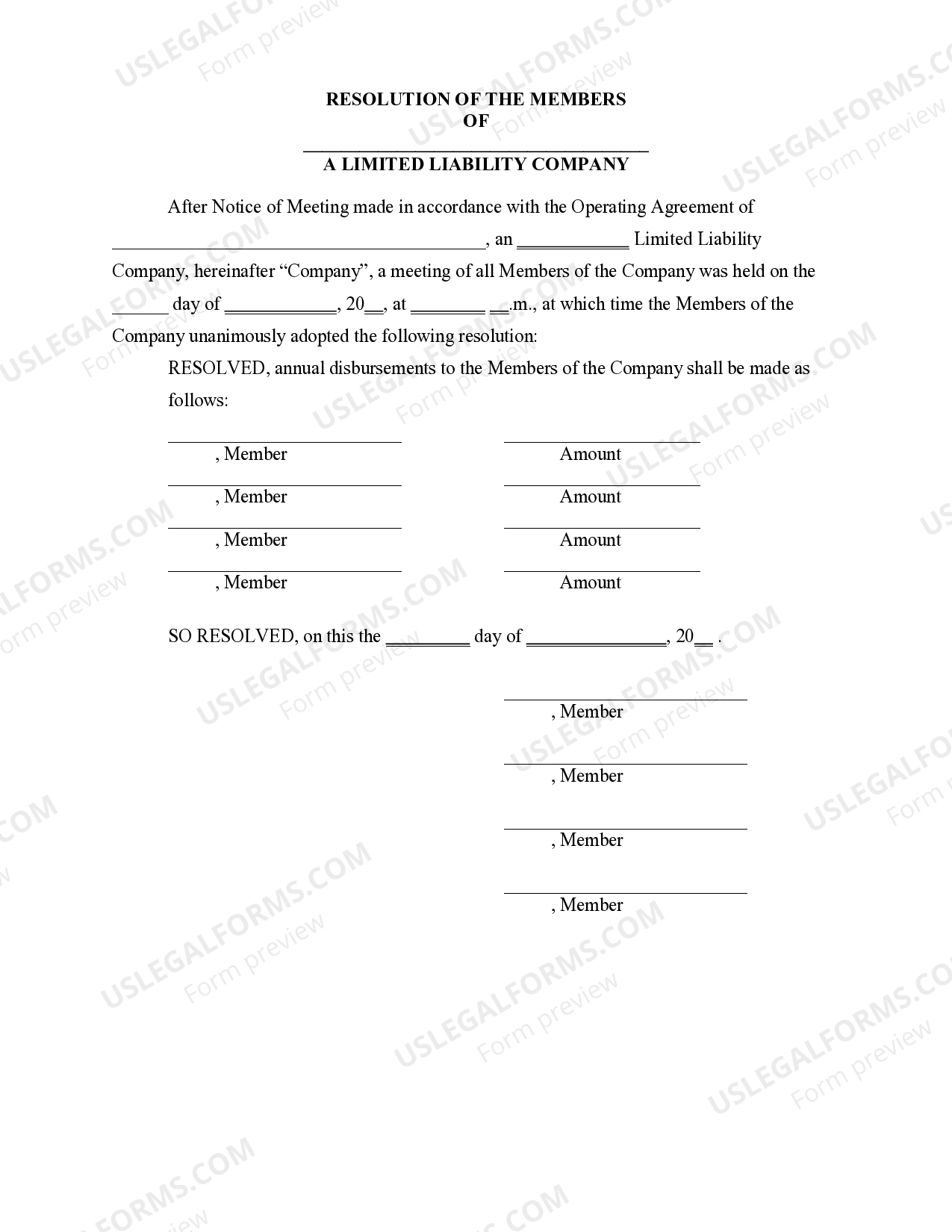 Oklahoma Resolution of Meeting of LLC Members to Specify Amount of ...