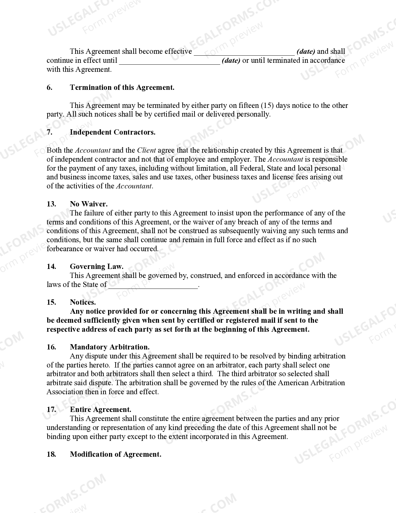 General Agreement to Advise Client on Accounting, Tax Matters, and ...