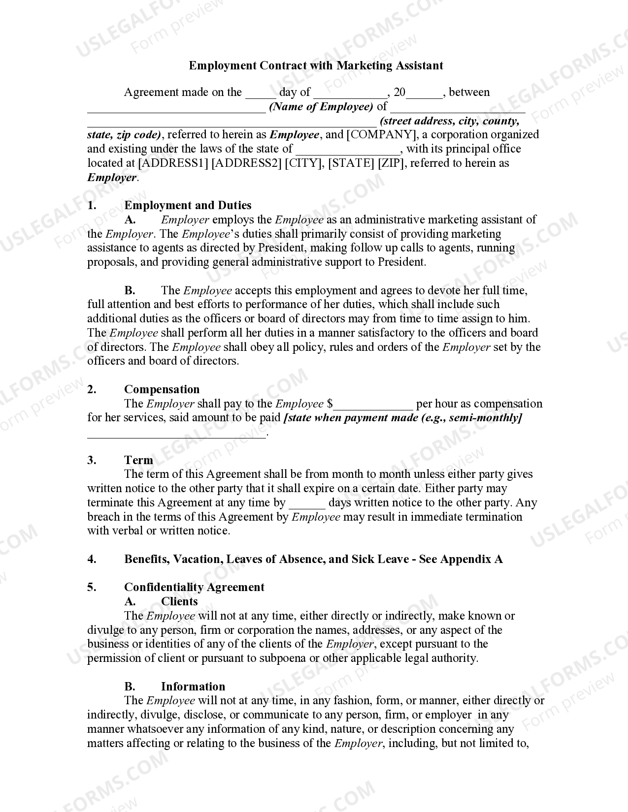 Employment Contract with Marketing Assistant | US Legal Forms