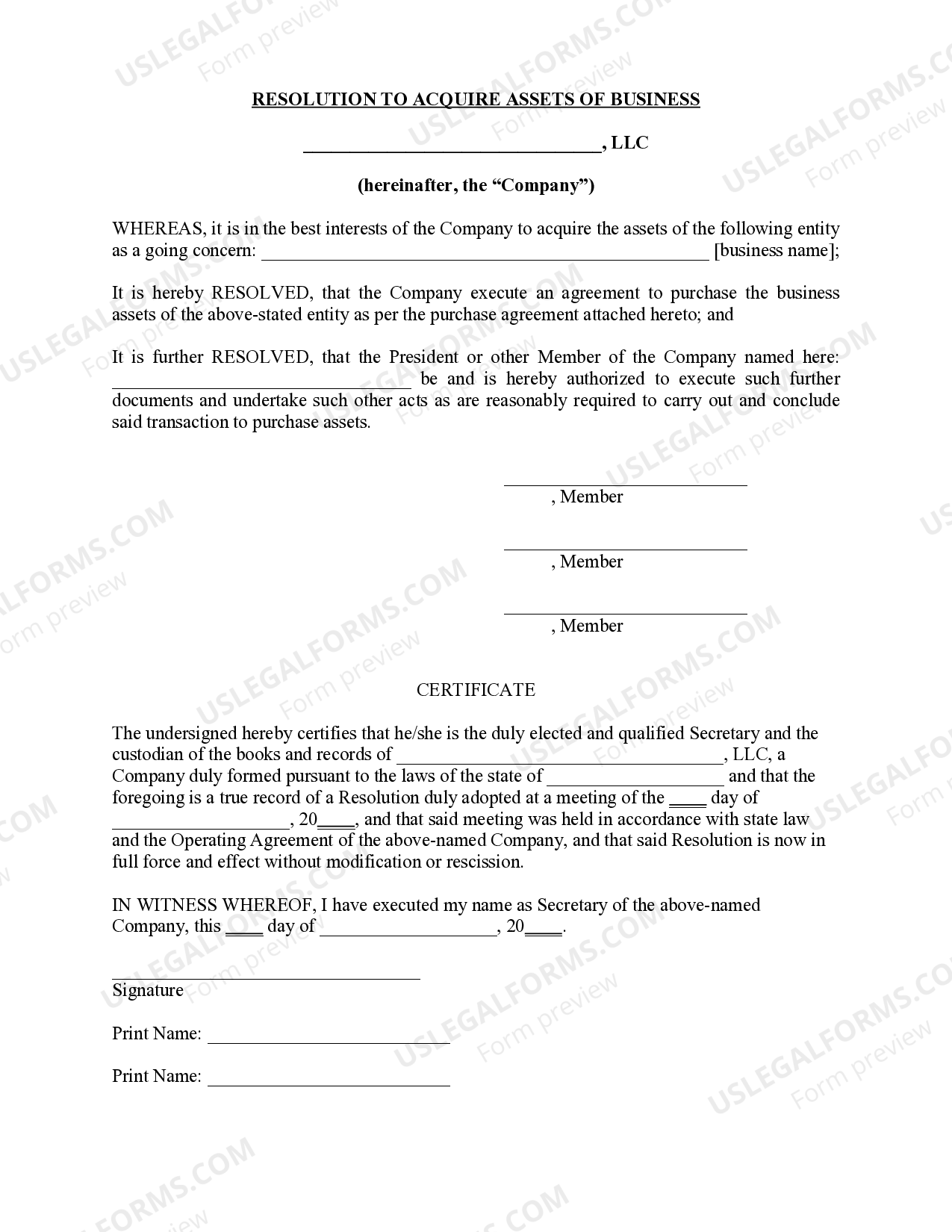 Maryland Resolution of Meeting of LLC Members to Acquire Assets of a ...