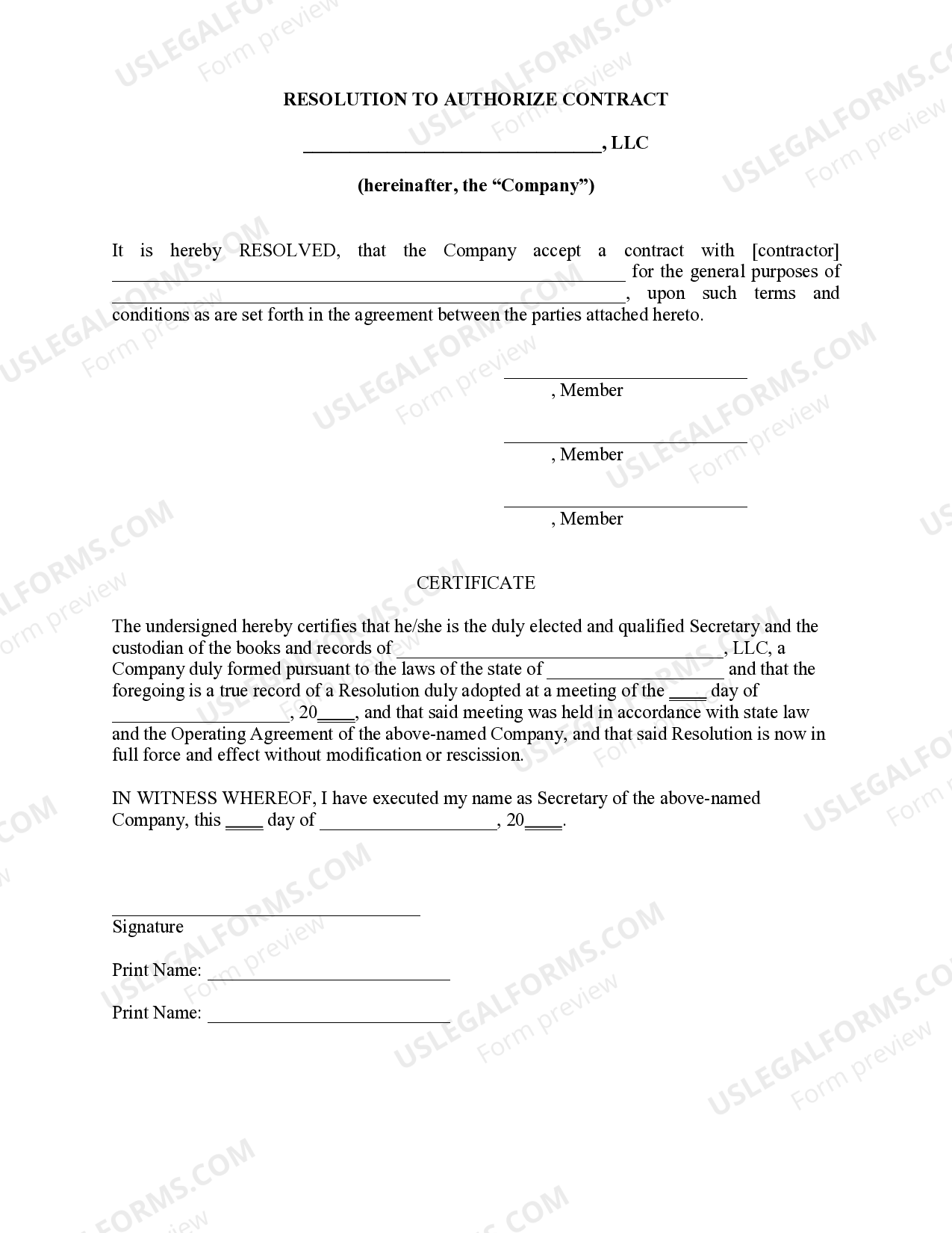 Resolution of Meeting of LLC Members to Authorize Contract - Resolution ...