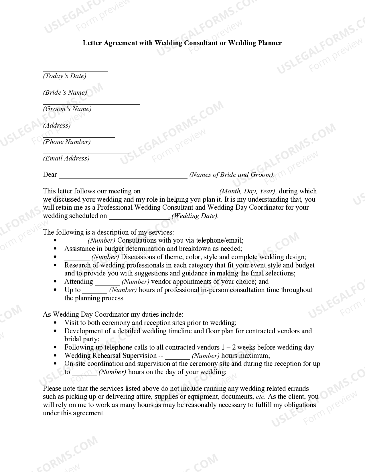 Letter Agreement with Wedding Consultant or Wedding Planner | US Legal ...