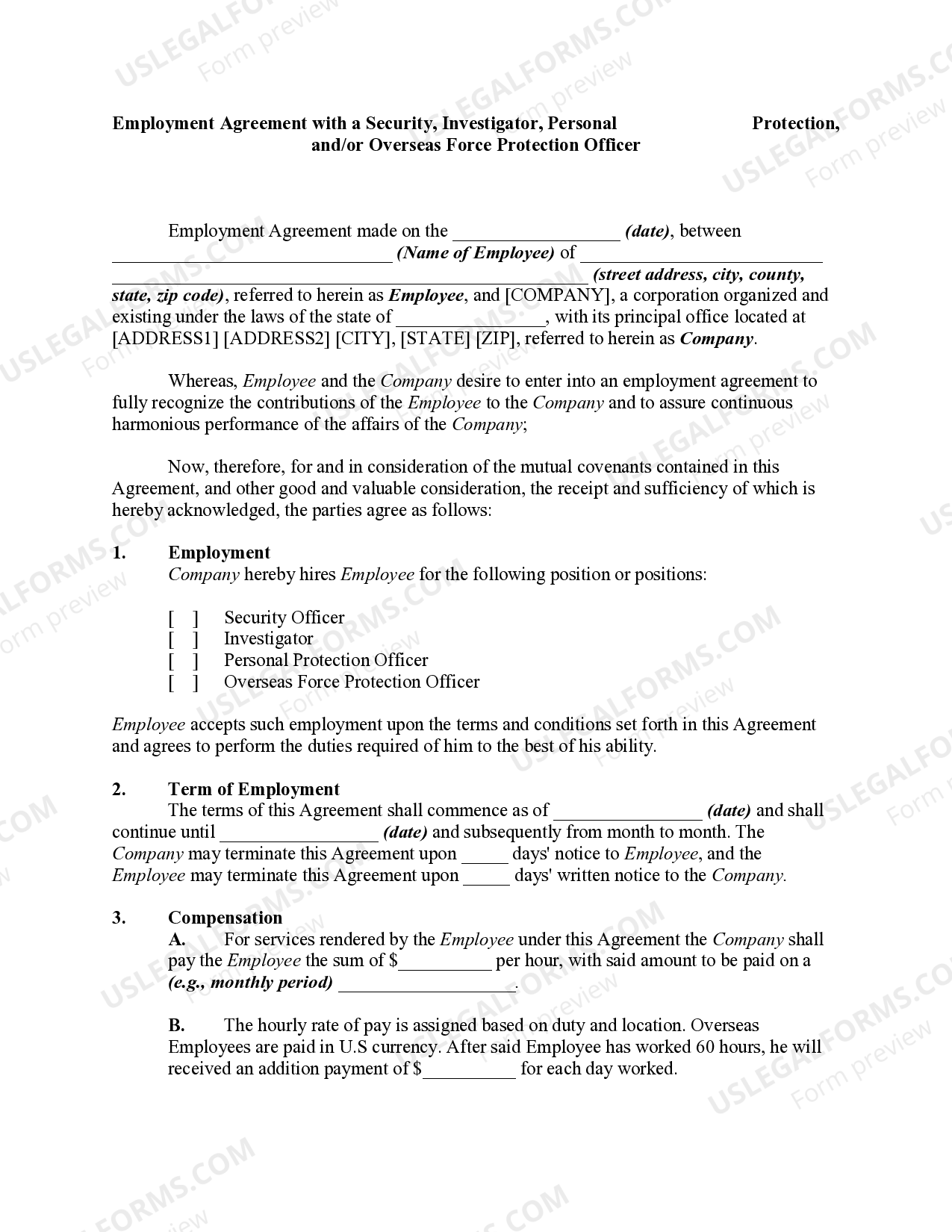 Employment Agreement with a Security, Investigator, Personal Protection ...