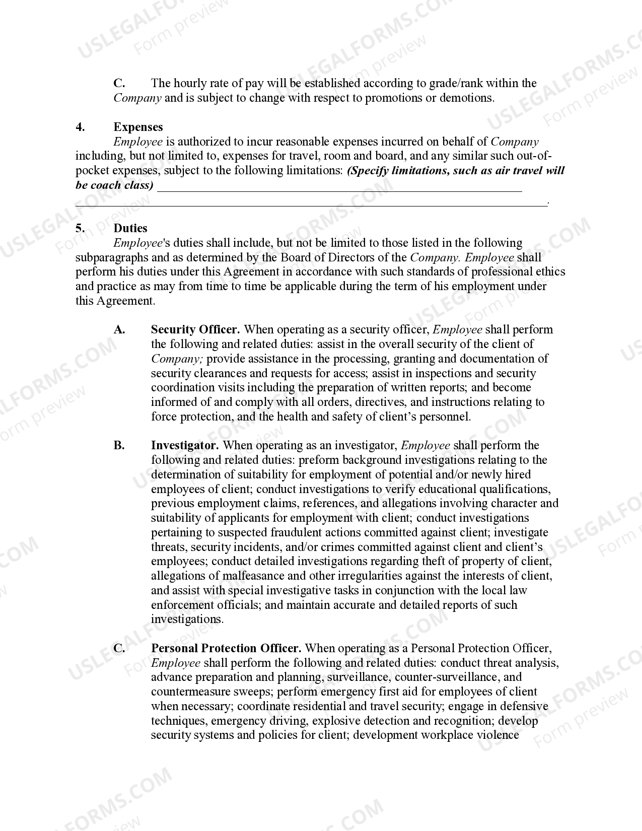 Employment Agreement with a Security, Investigator, Personal Protection ...