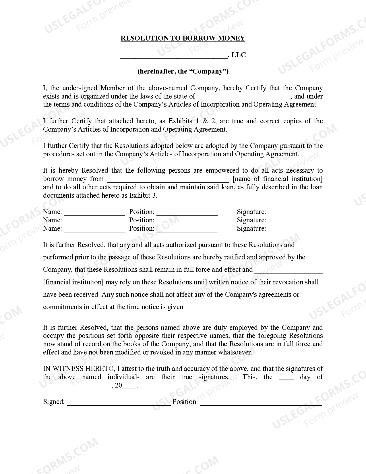 Maryland Resolution of Meeting of LLC Members to Borrow Money - Llc ...