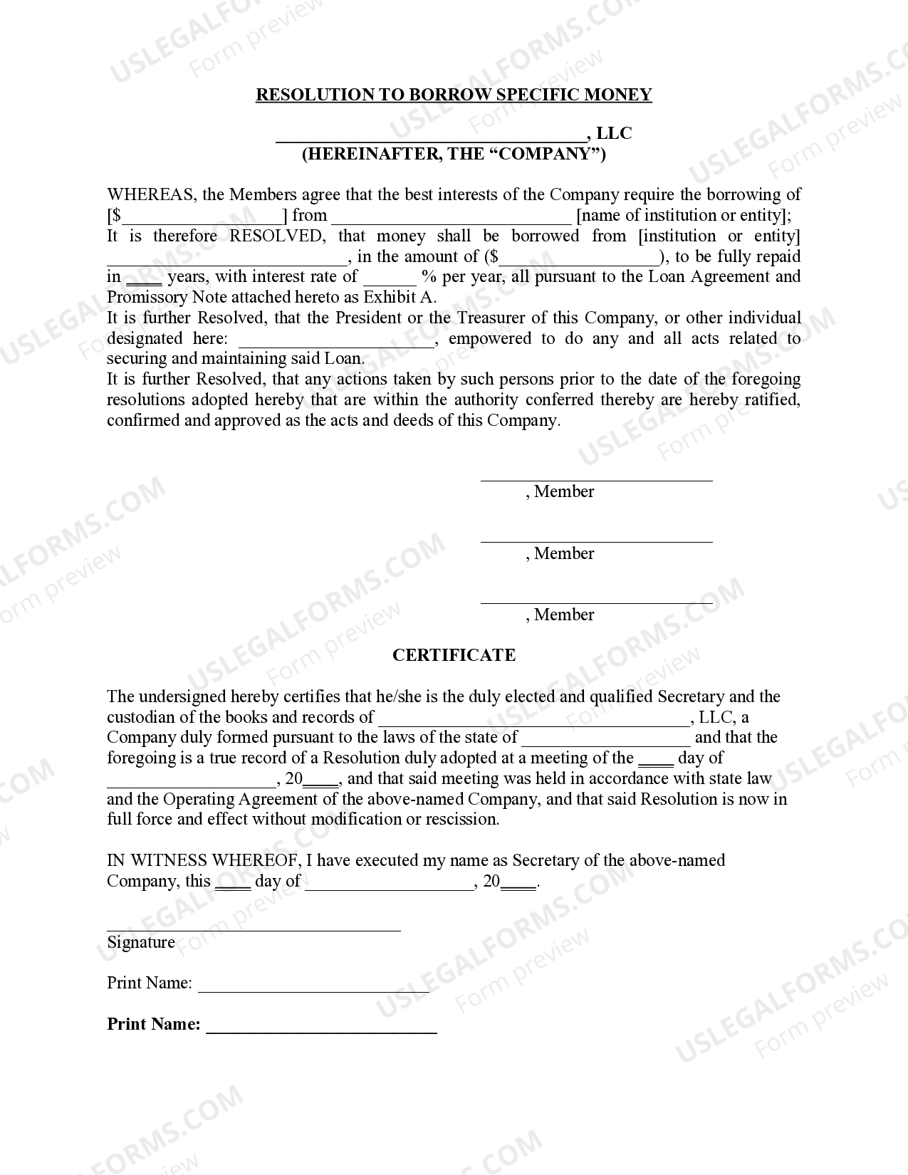 South Dakota Resolution of Meeting of LLC Members to Borrow Specific ...