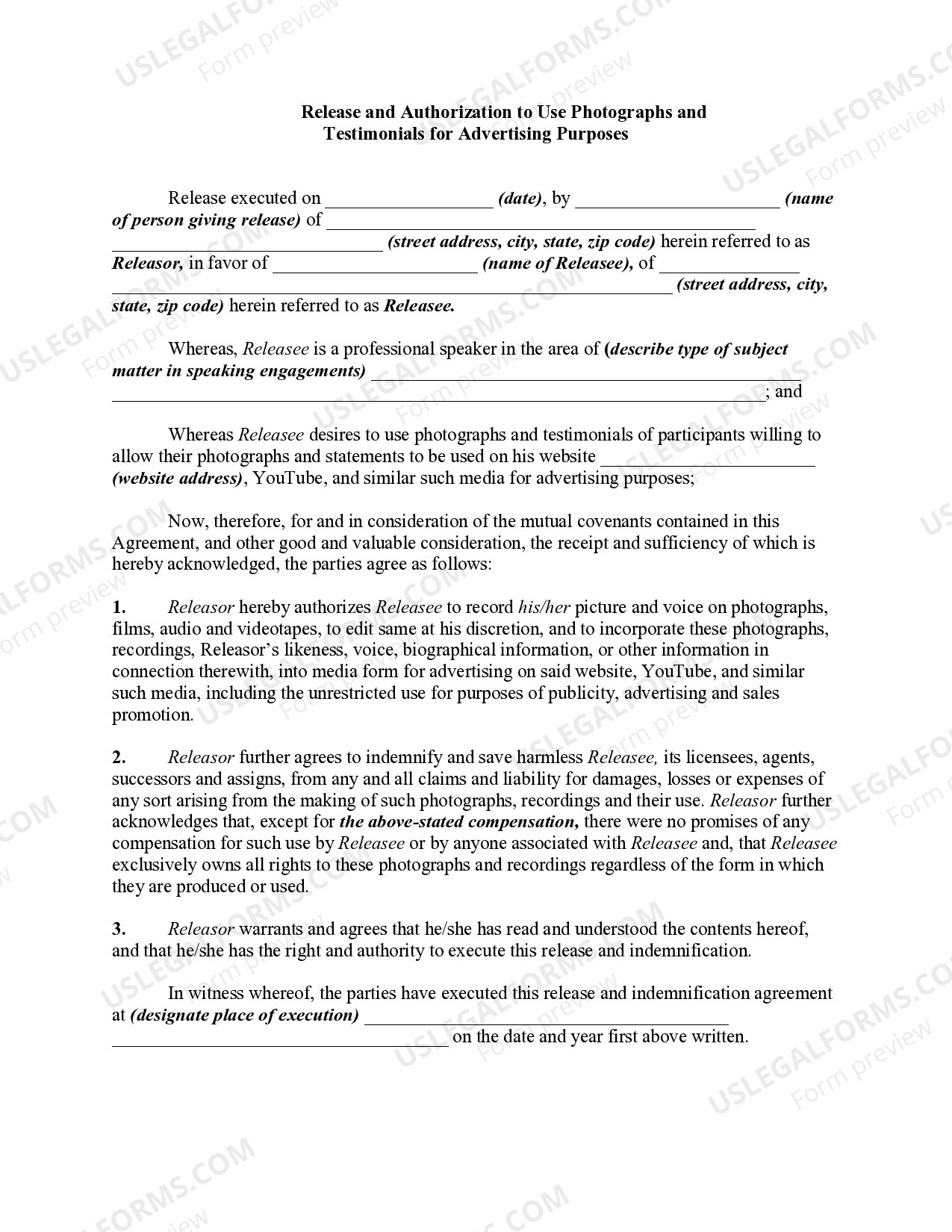 Release and Authorization to Use Photographs, etc. - Release ...