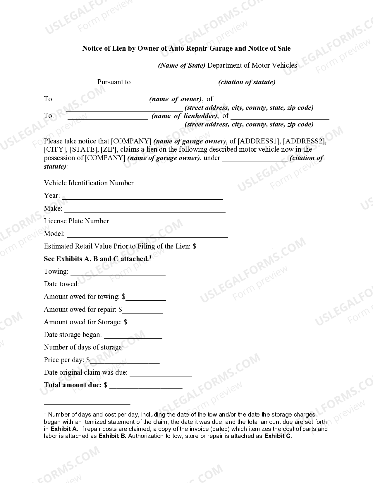 Notice of Lien by Owner of Auto Repair Garage and Notice of Sale | US ...