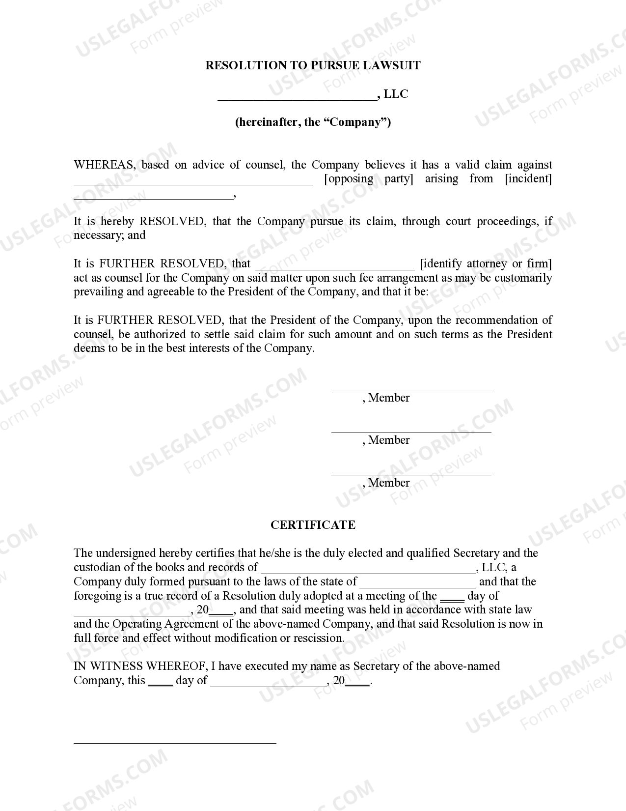 South Dakota Resolution of Meeting of LLC Members to Pursue Lawsuit ...