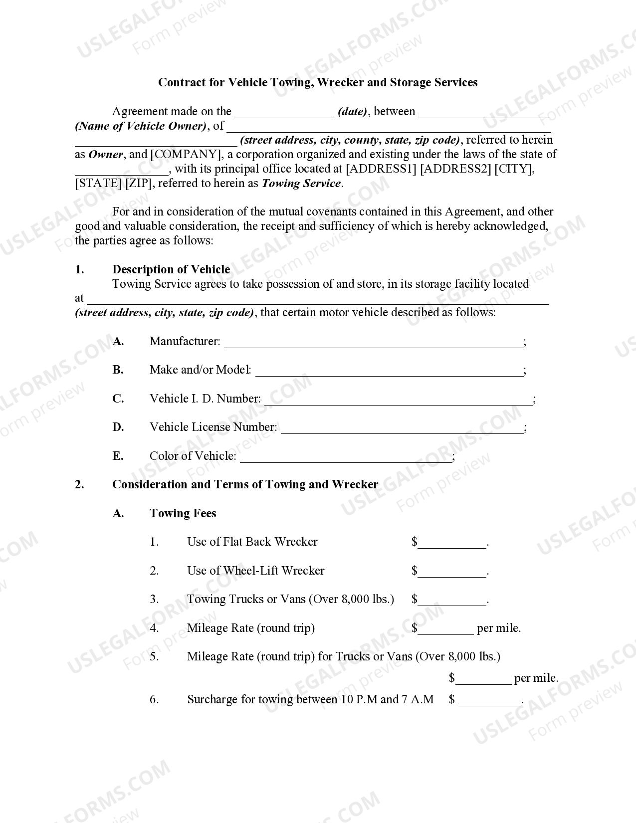 Contract for Vehicle Towing, Wrecker and Storage Services | US Legal Forms
