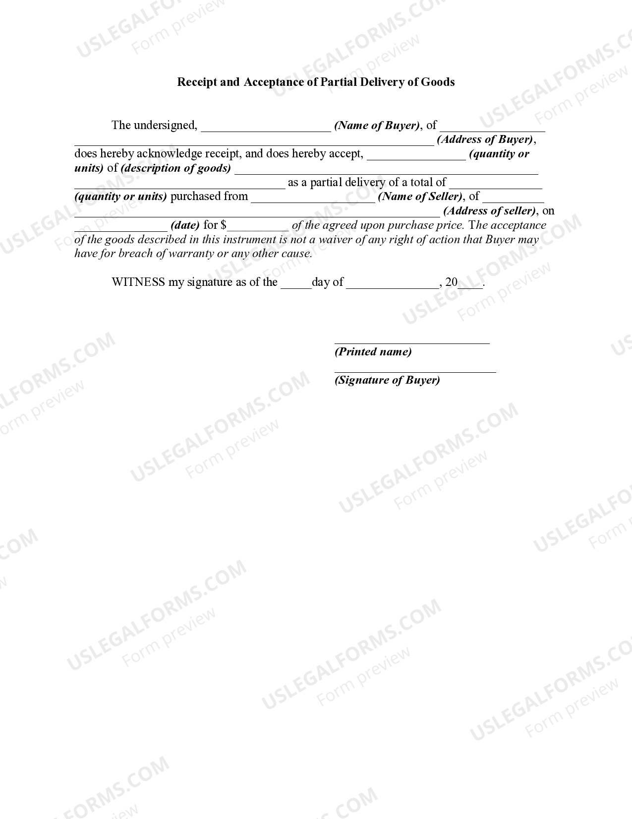 Receipt and Acceptance-Partial Delivery of Goods | US Legal Forms