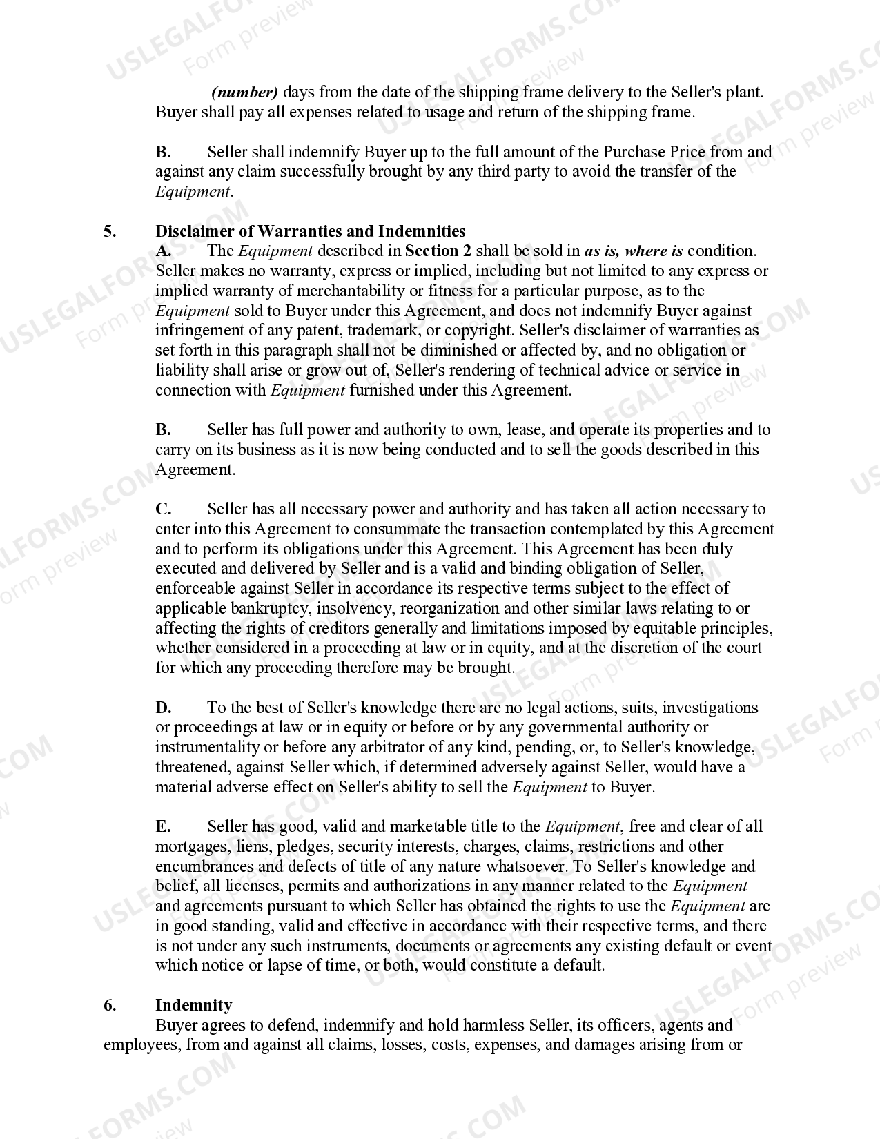 Agreement for Sale of Equipment-Disclaimer | US Legal Forms