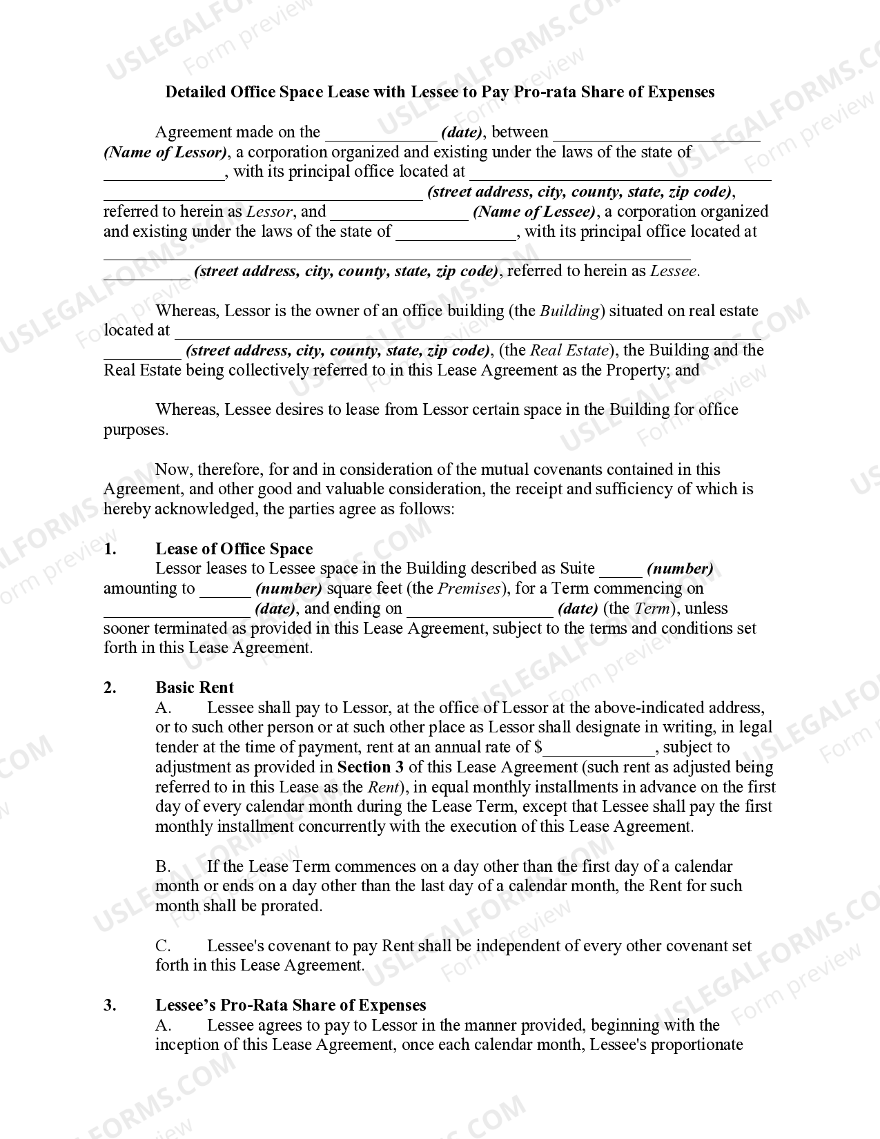 Office Space Lease-Pay Pro-rata Share of Expenses | US Legal Forms