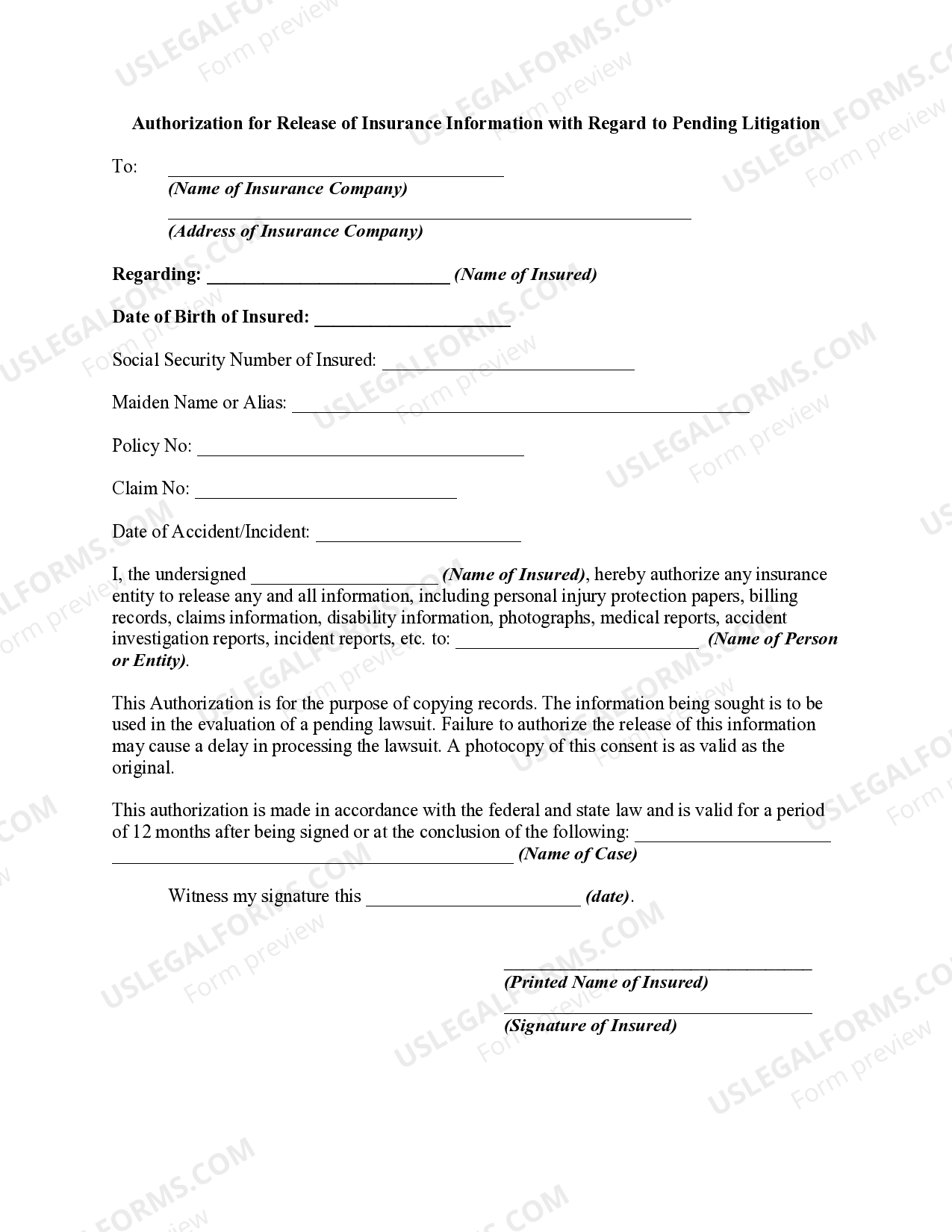 Authorization for Release of Insurance Information with Regard to ...