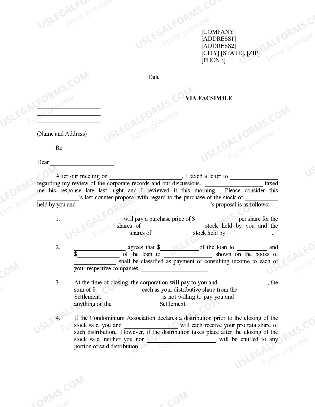 Sample Letter Concerning Counter Proposal of Purchase of Stock - Sample ...