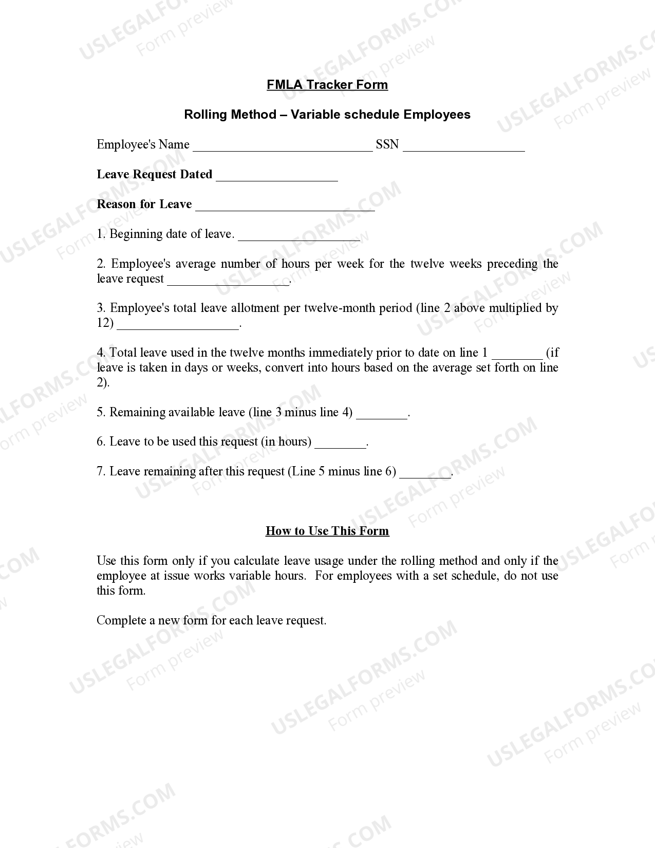 FMLA Tracker Form - Rolling Method - Fmla | US Legal Forms