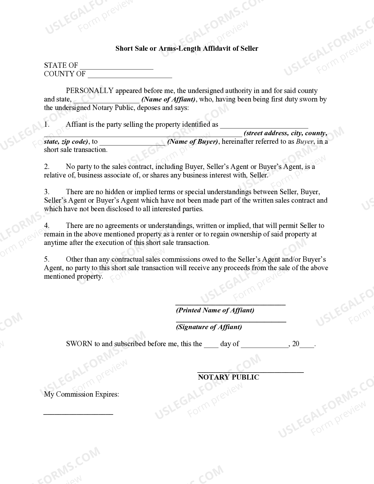 Short Sale Affidavit of Seller | US Legal Forms