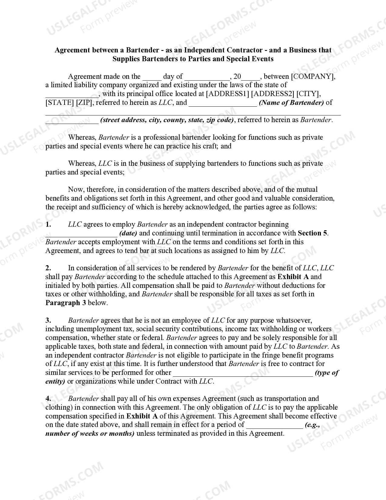 Agreement Between a Bartender (as an Independent Contractor) and a ...
