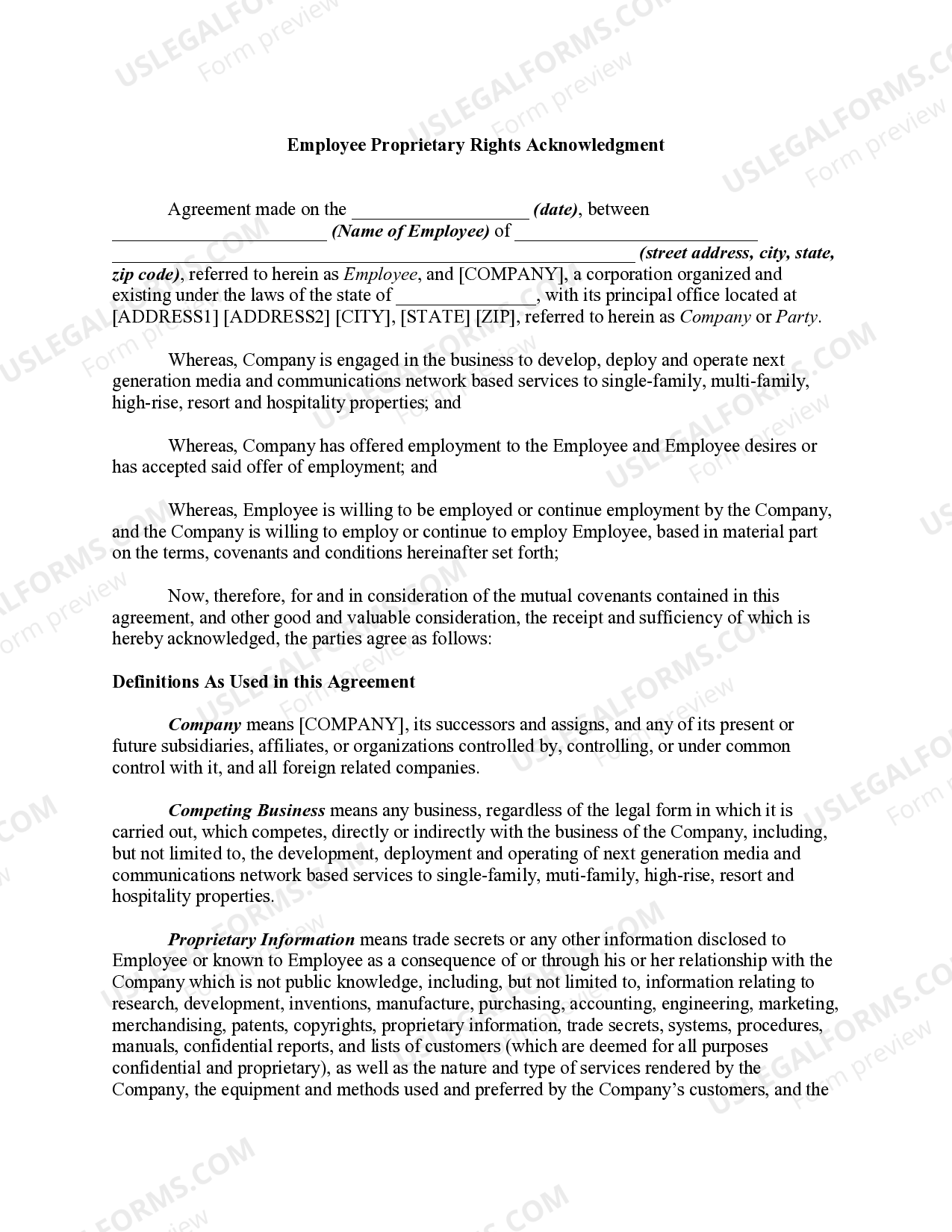 Employee Proprietary Rights Acknowledgment | US Legal Forms