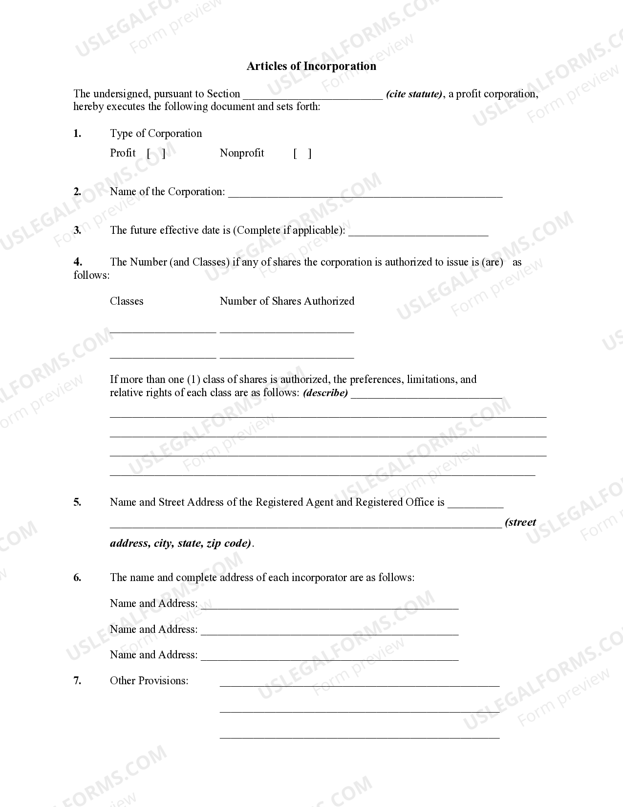 Articles of Incorporation (Profit Corporation) | US Legal Forms