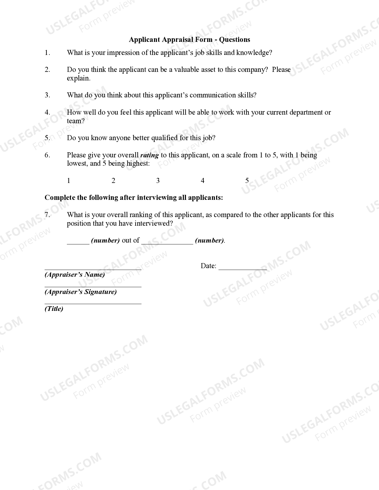 Applicant Appraisal Form ??? Questions - Applicant Form | US Legal Forms