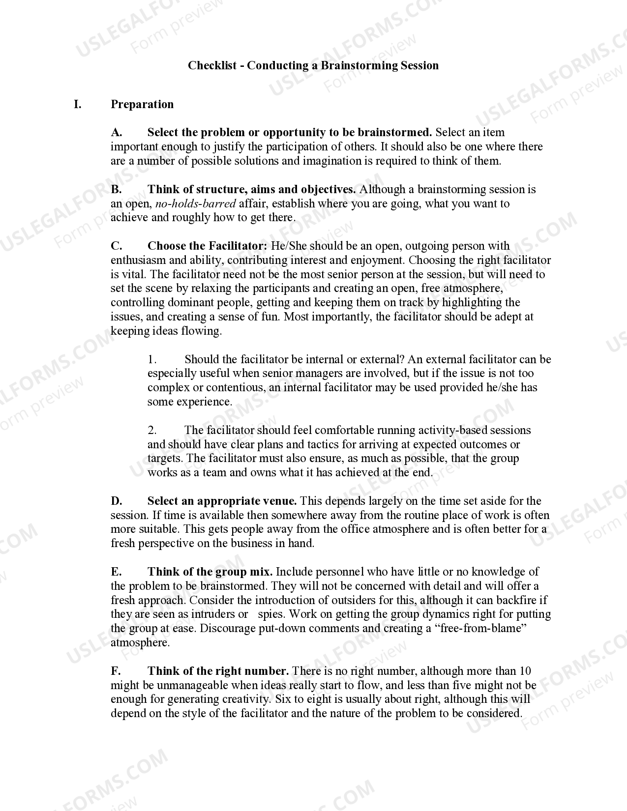Checklist ??? Conducting a Brainstorming Session | US Legal Forms